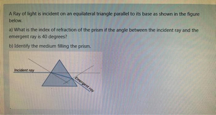 Solved A Ray of light is incident on an equilateral triangle | Chegg.com