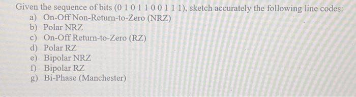 Solved a) On-Off Non-Return-to-Zero (NRZ) b) Polar NRZ c) | Chegg.com
