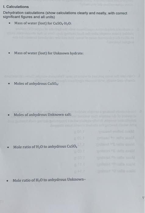 Solved I. Calculations Dehydration calculations (show | Chegg.com