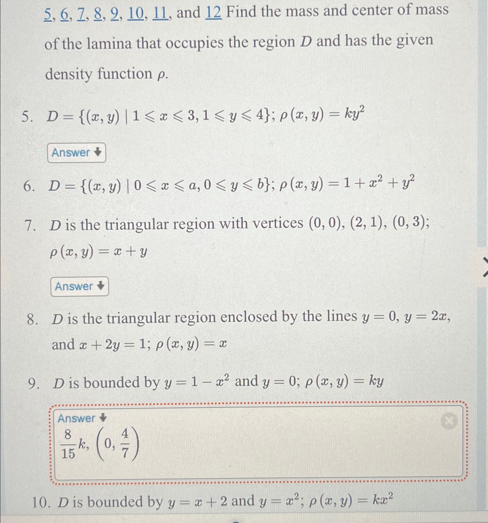 Solved 5,6,7,8,9,10,11?, ﻿and 12? ﻿Find the mass and center | Chegg.com