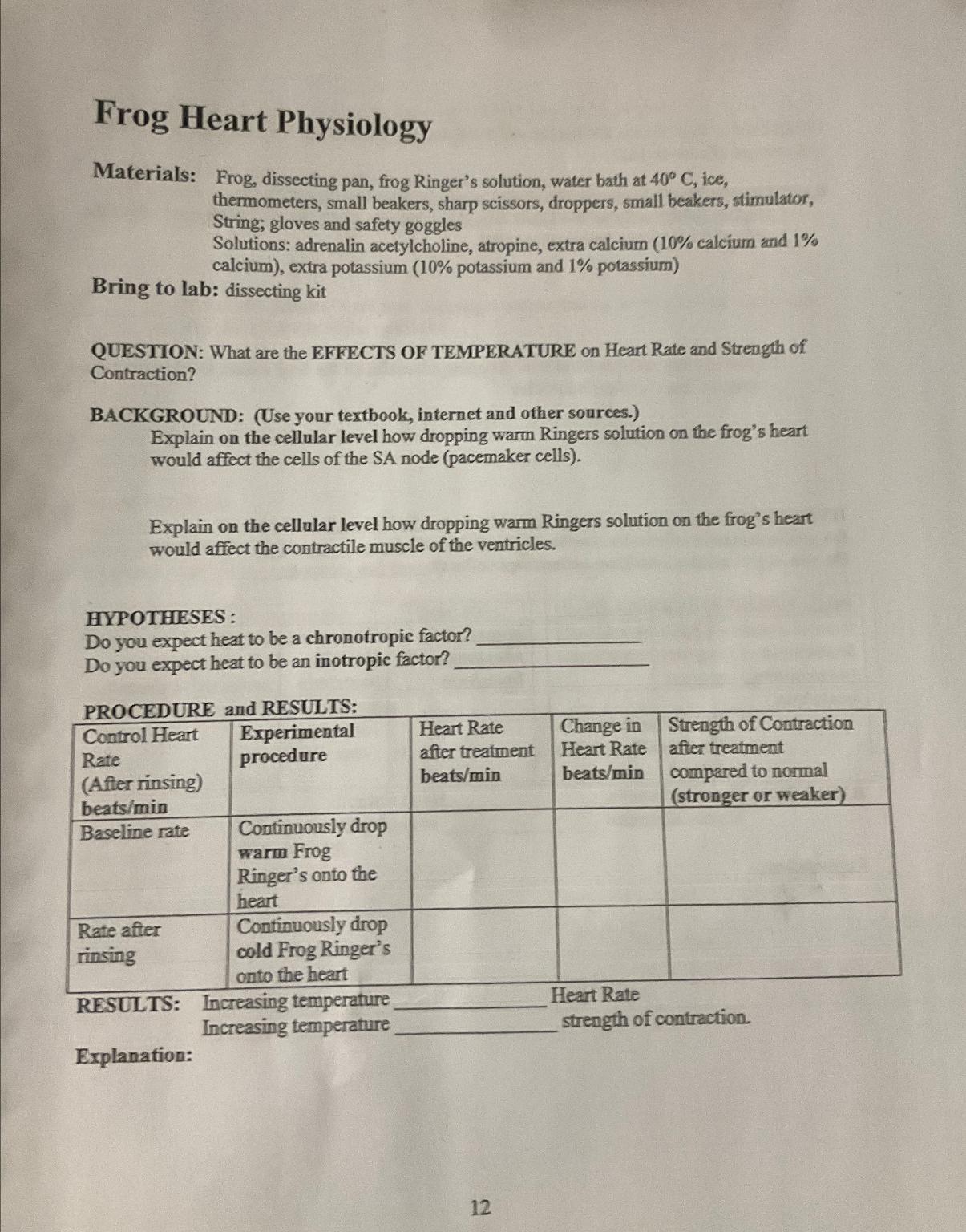 Solved Frog Heart PhysiologyMaterials: Frog, dissecting pan, | Chegg.com