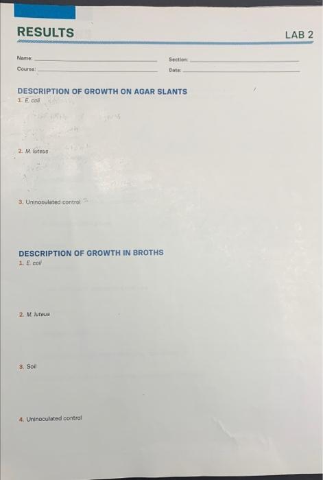 DESCRIPTION OF GROWTH ON AGAR SLANTS 1. E call 2. M. | Chegg.com