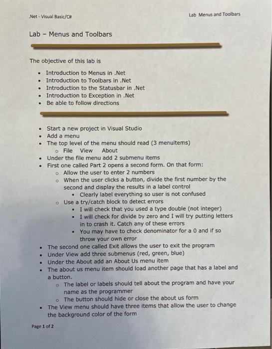 Solved .Net - Visual Basic/C# Lab Menus and Toolbars Lab - | Chegg.com