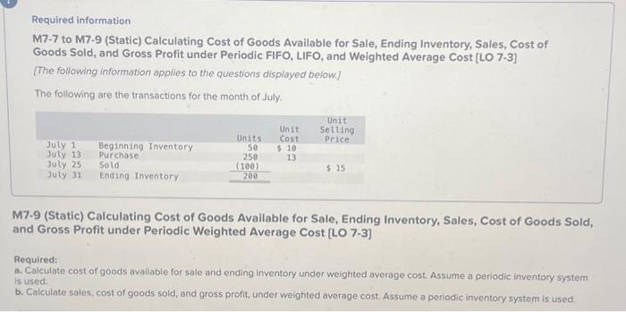 Solved Required information M7-7 to M7-9 (Static) | Chegg.com
