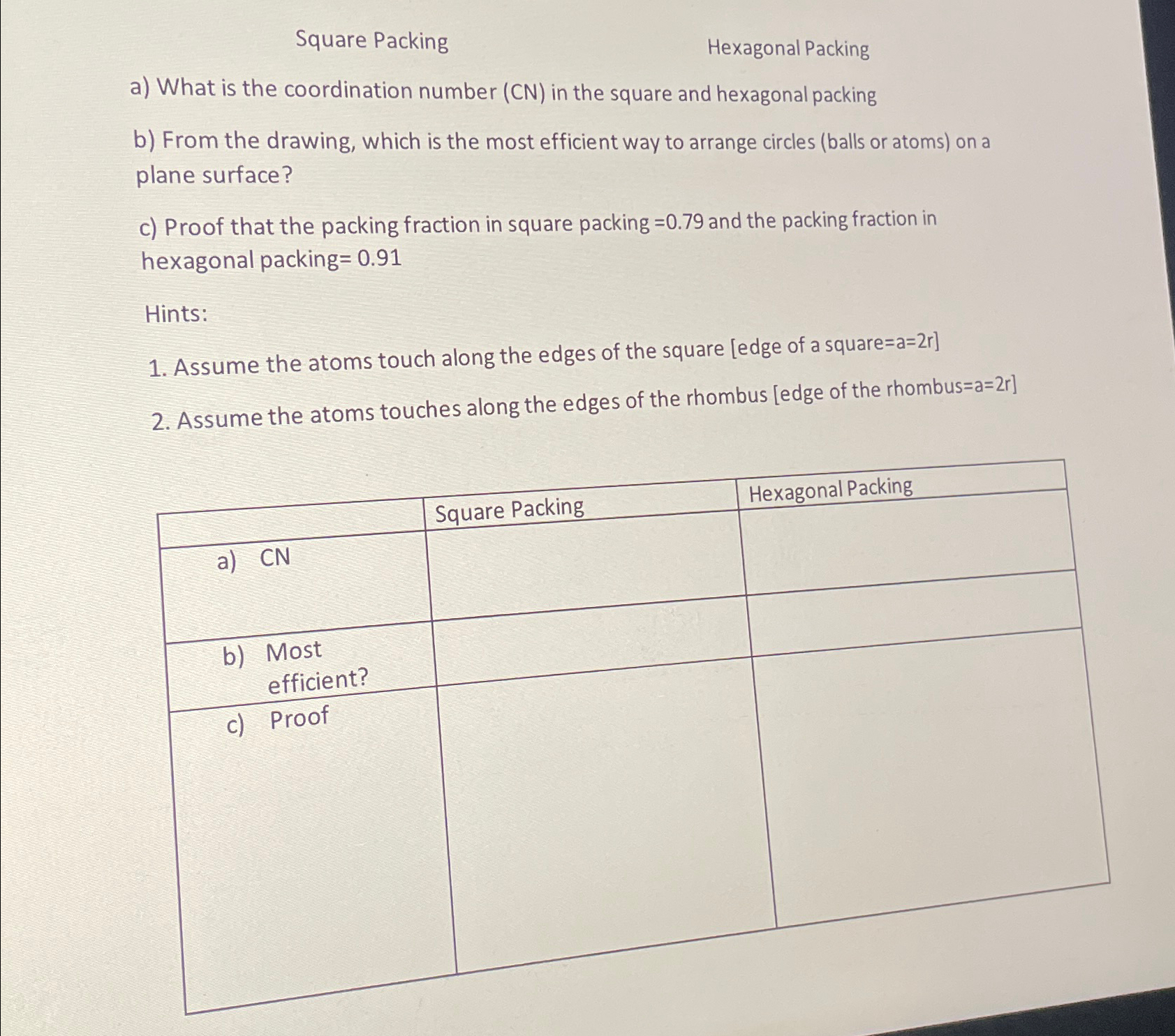 Solved Square Packing\\nHexagonal Packing\\na) What is the | Chegg.com