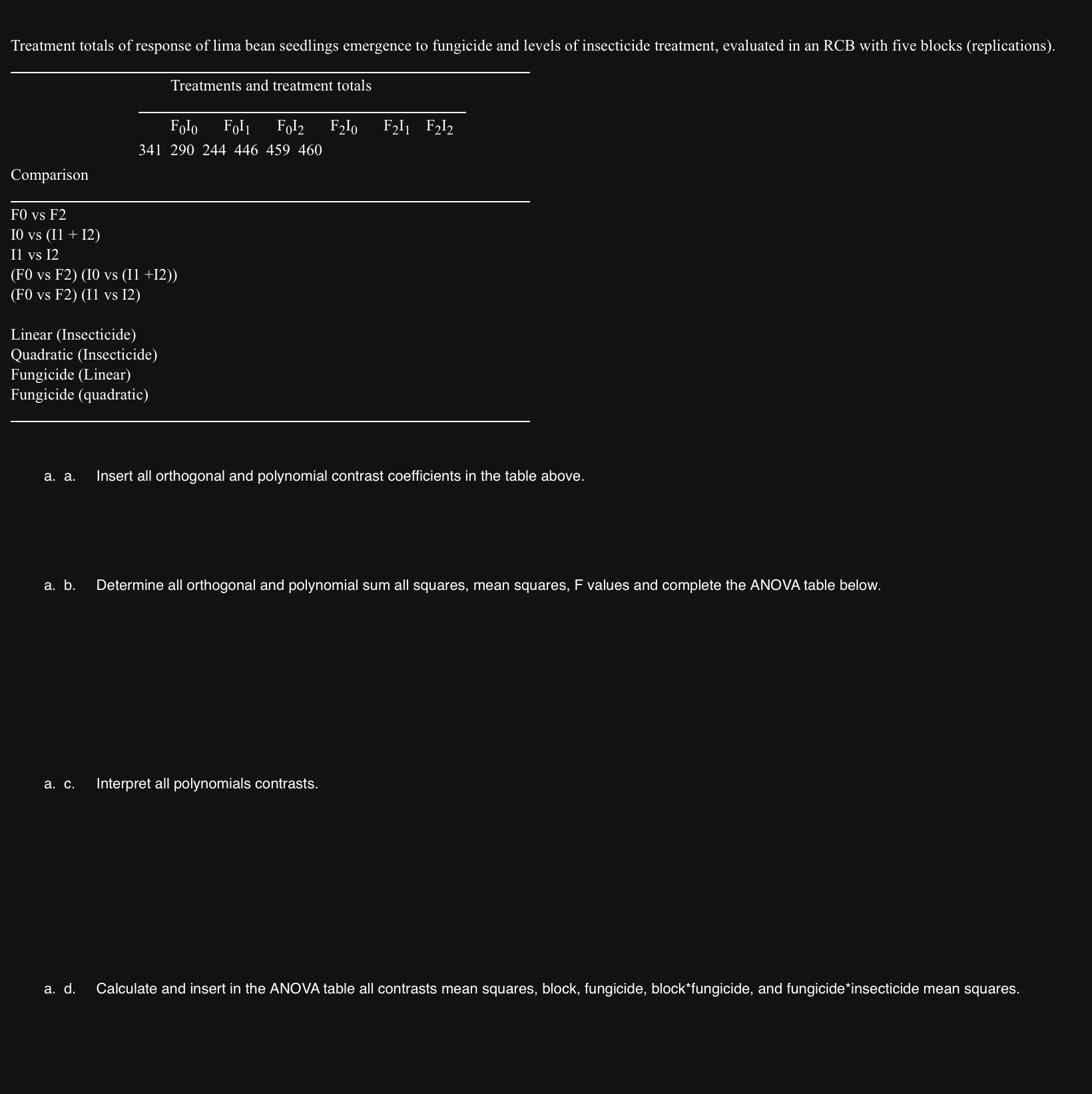 Solved Treatment totals of response of lima bean seedlings | Chegg.com