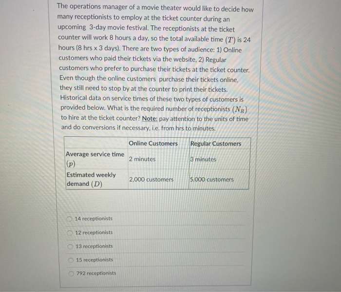 Solved The operations manager of a movie theater would like | Chegg.com
