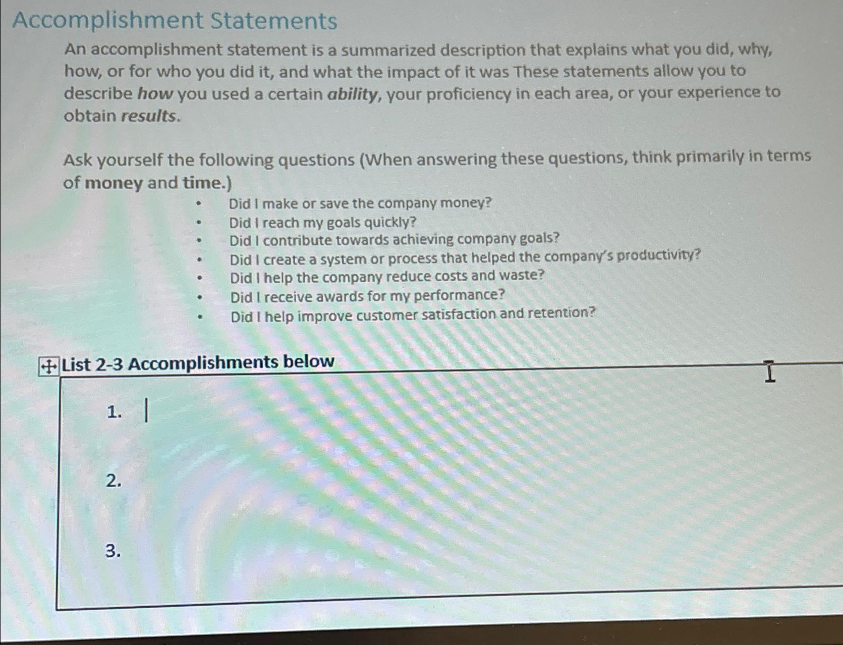 Solved Accomplishment StatementsAn accomplishment statement | Chegg.com