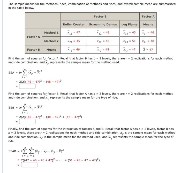 Solved The sample means for the methods, rides, combination | Chegg.com