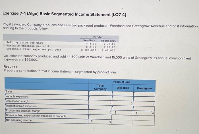 Solved Exercise 7-4 (Algo) Basic Segmented Income Statement | Chegg.com