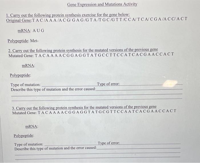 Solved Gene Expression and Mutations Activity 1. Carry out | Chegg.com