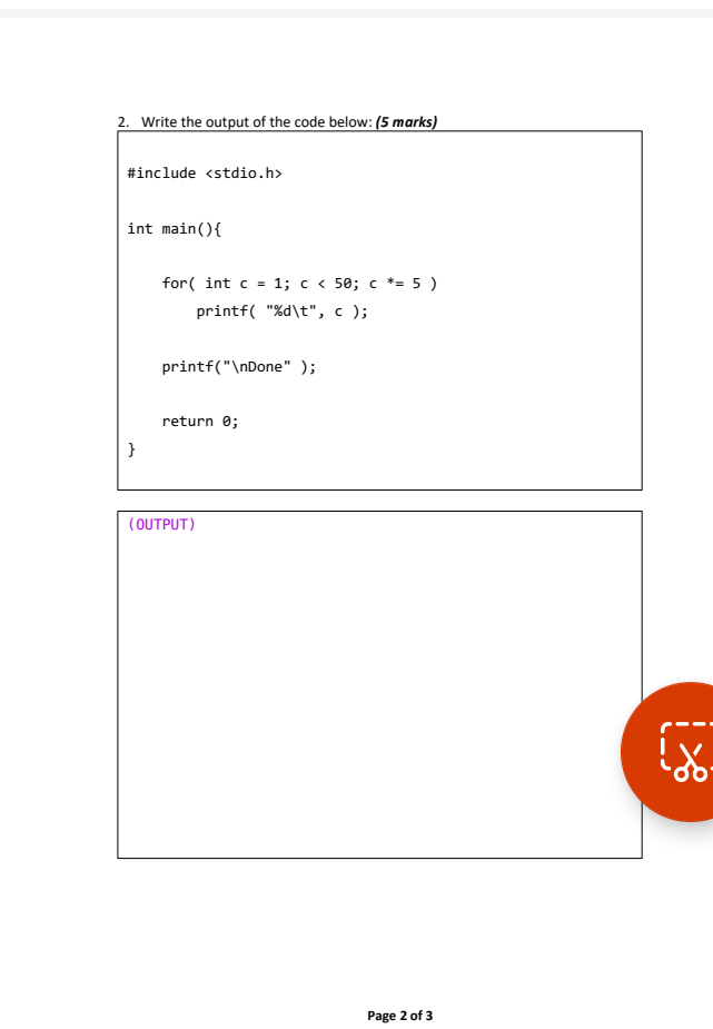 Solved 2. Write the output of the code below: (5 marks) | Chegg.com
