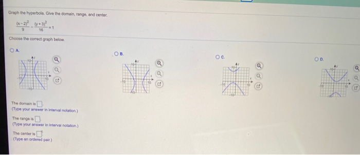 Solved Graph the hyperbola. Give the domain, range, and | Chegg.com
