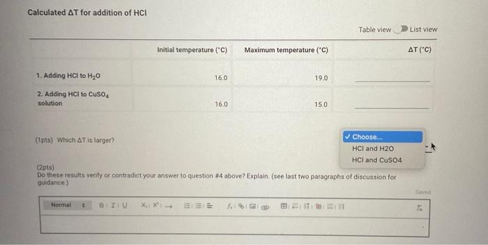 Solved Calculated ΔT for addition of HCl (ipts) Which \&T is | Chegg.com