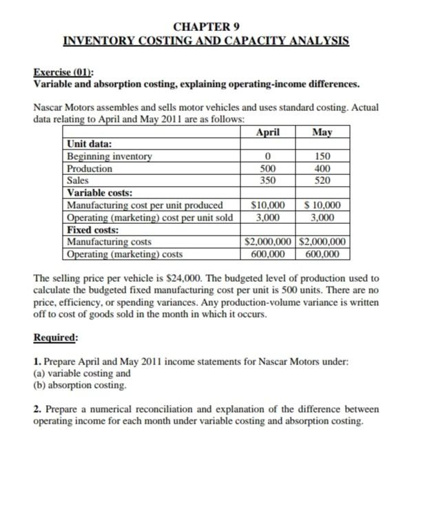 Solved CHAPTER 9 INVENTORY COSTING AND CAPACITY ANALYSIS | Chegg.com
