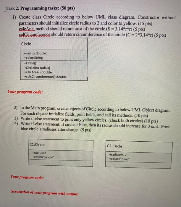Solved Task 2. Programming tasks: (50 pts) 1) Create class | Chegg.com