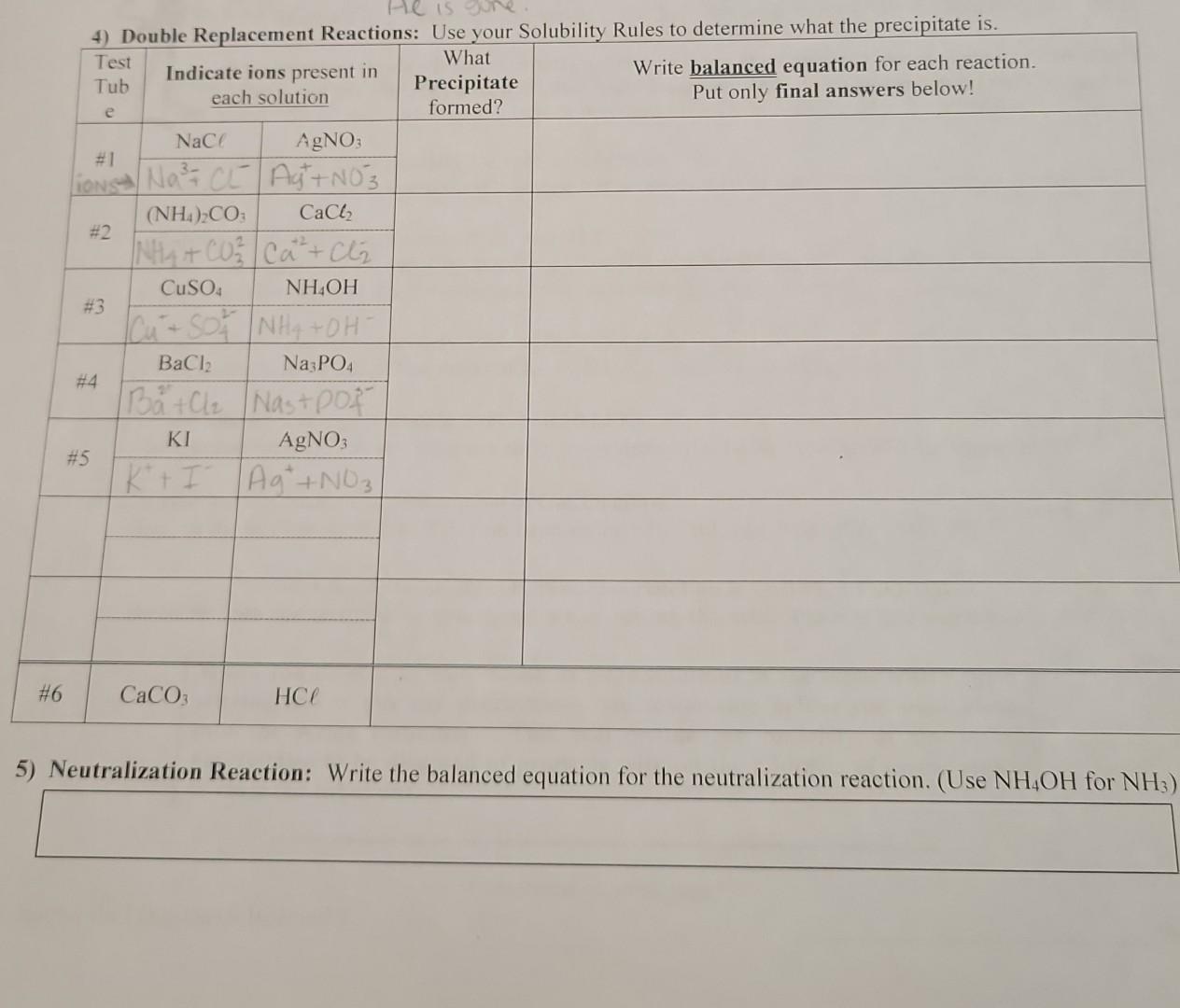 Solved 4) Double Replacement Reactions: Use your Solubility | Chegg.com