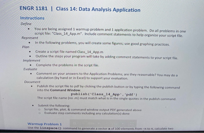ENGR 1181 | Class 14: Data Analysis Application | Chegg.com