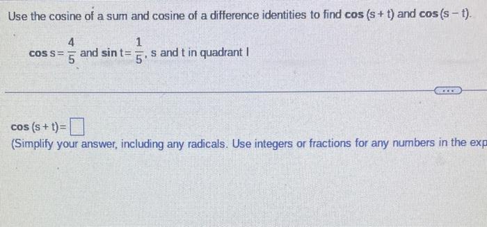 Solved Use the cosine of a sum and cosine of a difference | Chegg.com