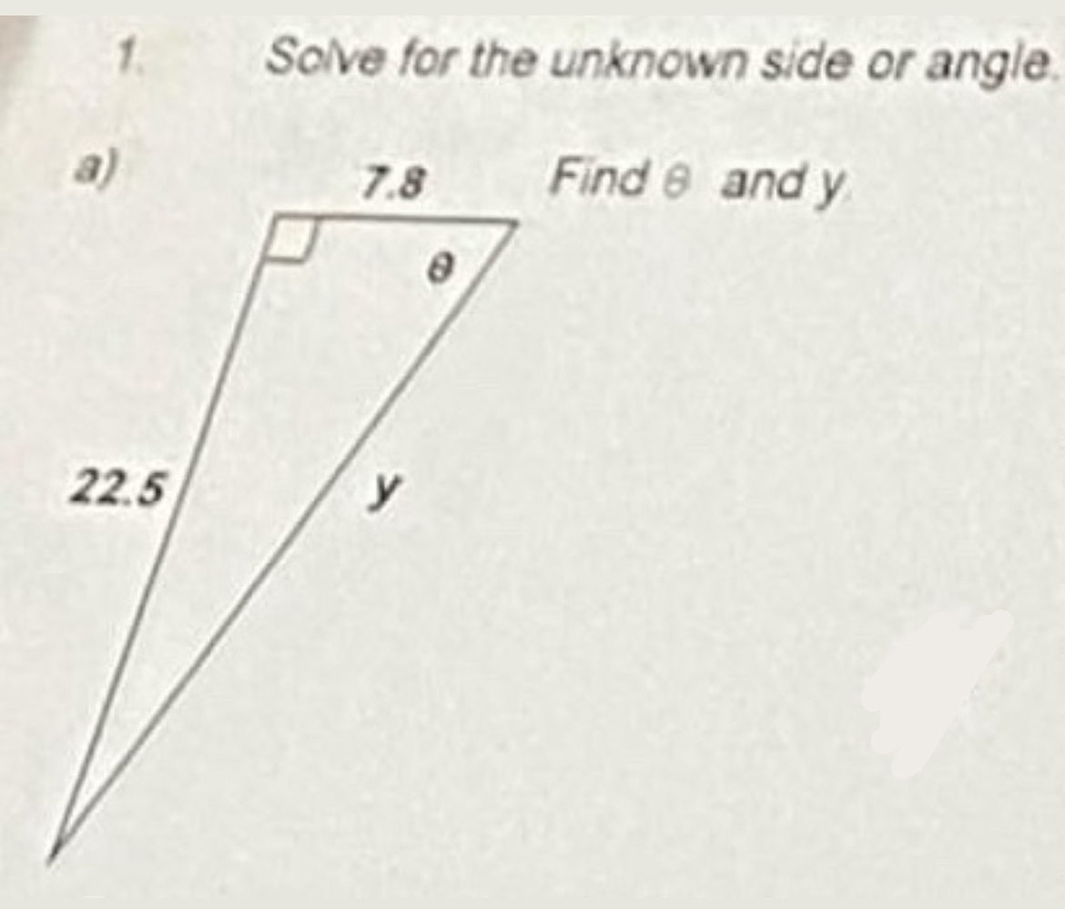 Solved Solve for the unknown side or angleFind θ ﻿and y | Chegg.com
