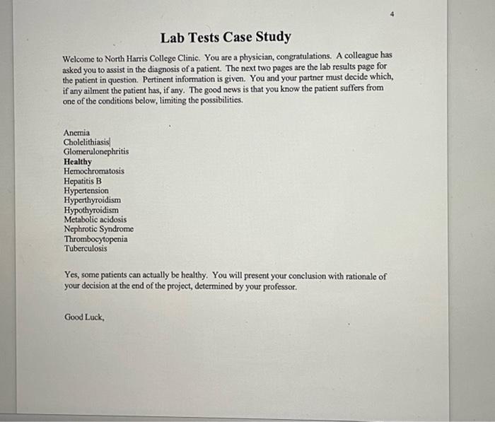 Lab Tests Case Study Welcome to North Harris College | Chegg.com
