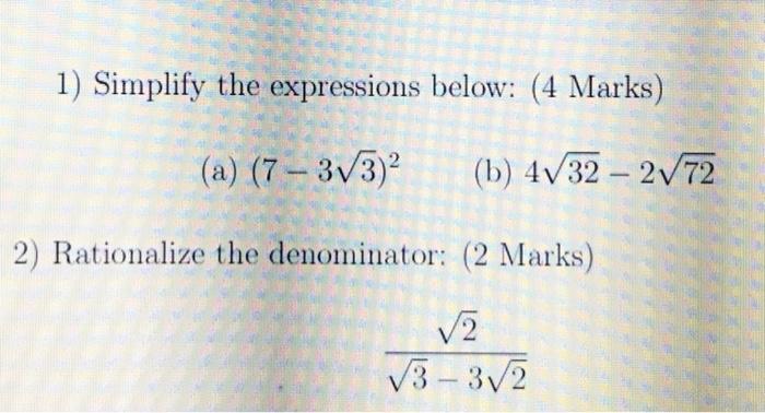 Solved 1) Simplify the expressions below: (4 Marks) (a) | Chegg.com