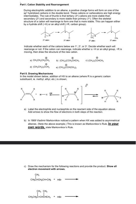 Solved Part 1. Cation Stability and Rearrangement During | Chegg.com