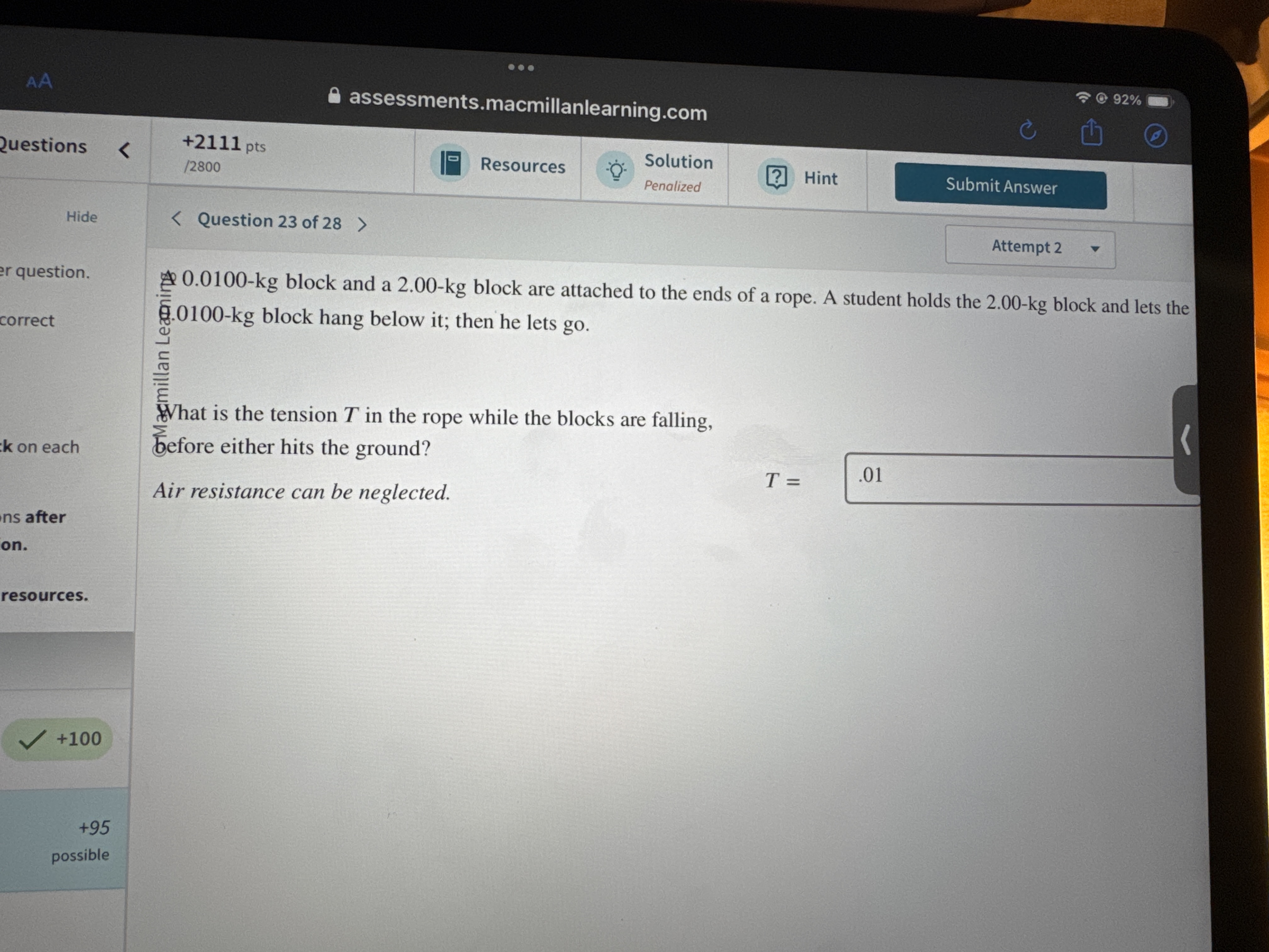 Solved 0.0100-kg ﻿block and a 2.00-kg ﻿block are attached to | Chegg.com