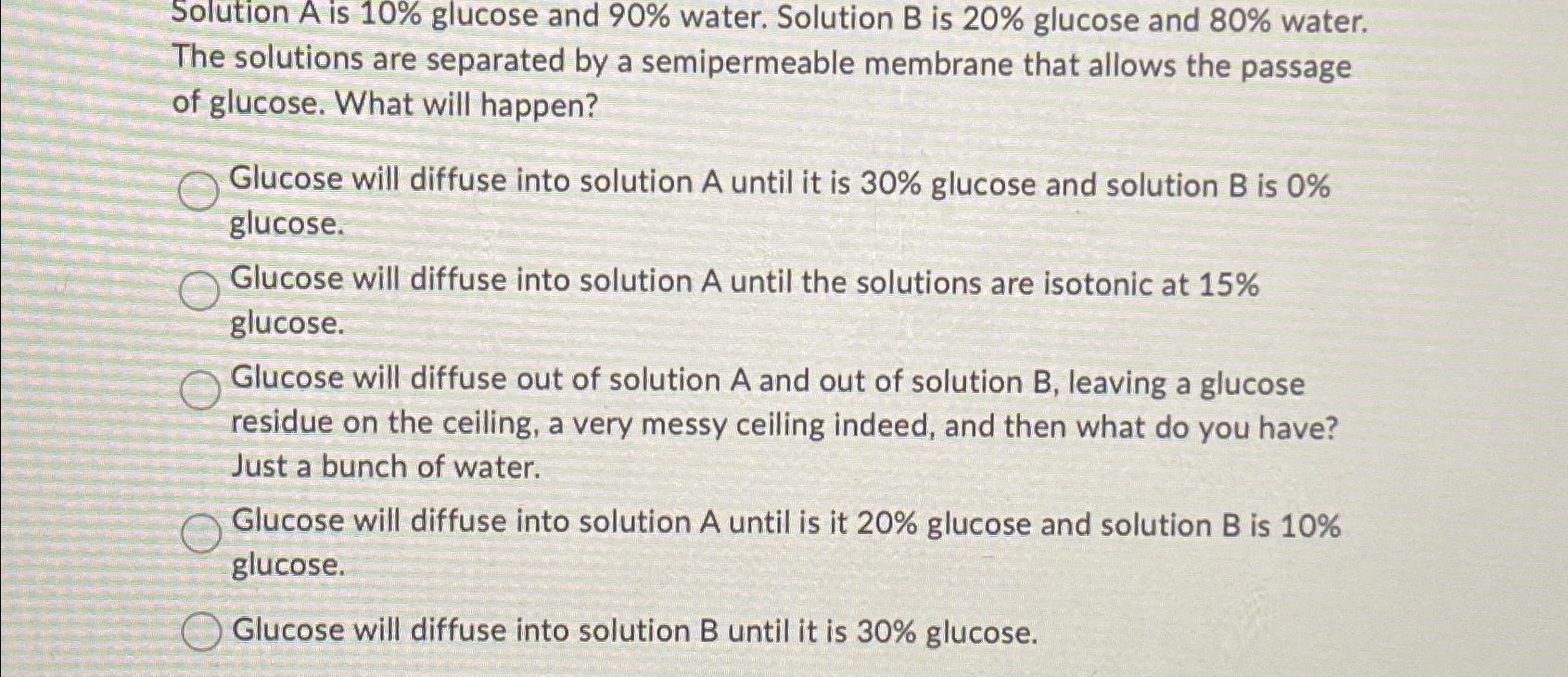 Solved Solution A is 10% ﻿glucose and 90% ﻿water. Solution B | Chegg.com
