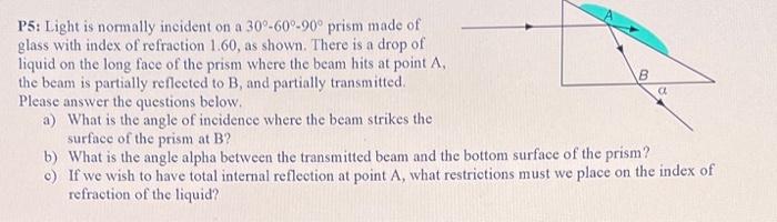 Solved P5: Light is normally incident on a 30∘−60∘−90∘ prism | Chegg.com