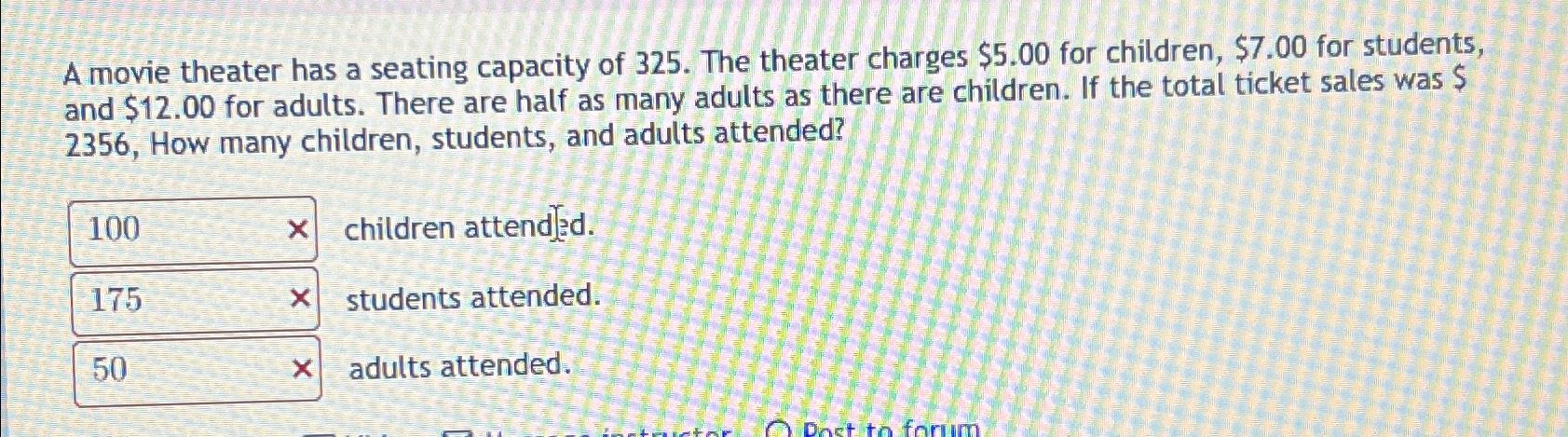Solved A movie theater has a seating capacity of 325 . ﻿The | Chegg.com