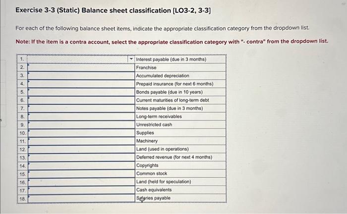 Solved Exercise 3-3 (Static) Balance sheet classification | Chegg.com