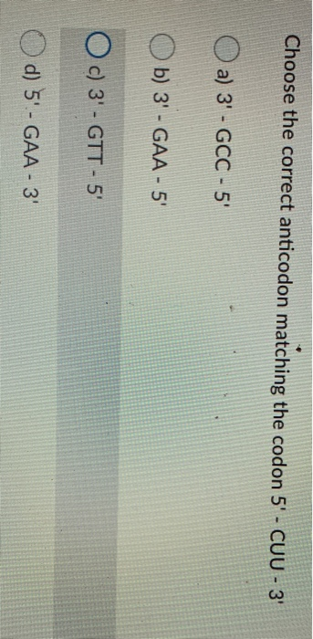 Solved Choose the correct anticodon matching the codon 5' - | Chegg.com