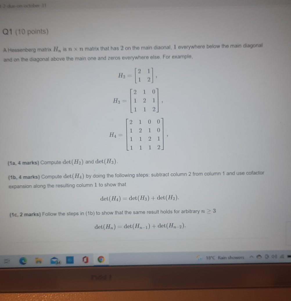 Solved doctober 31 Q1 (10 points) A Hessenberg matrix H is n | Chegg.com