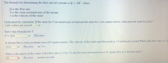 Solved The formula for determining the flow rate of a stream | Chegg.com