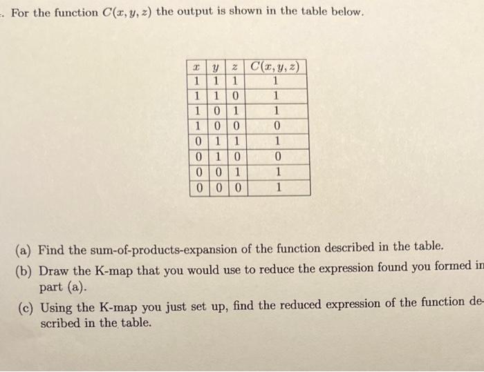 Solved For the function C(x,y,z) the output is shown in the | Chegg.com