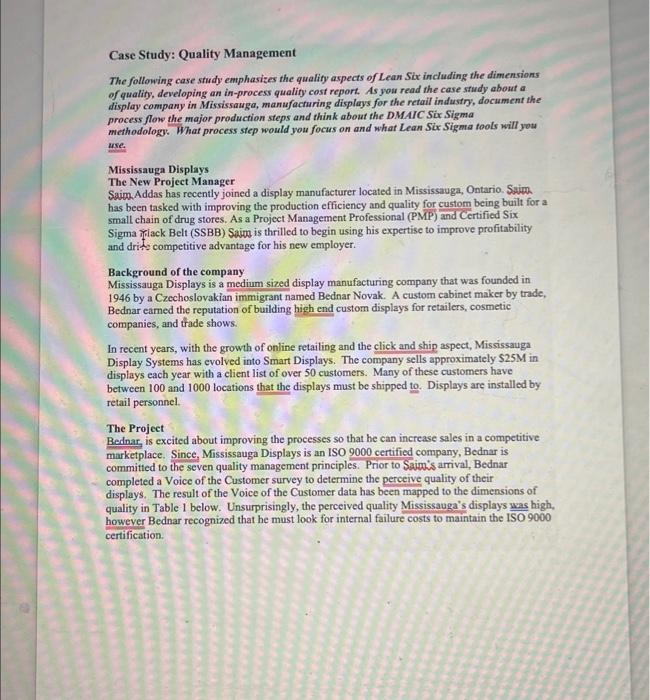 Solved Case Study: Quality Management The following case | Chegg.com