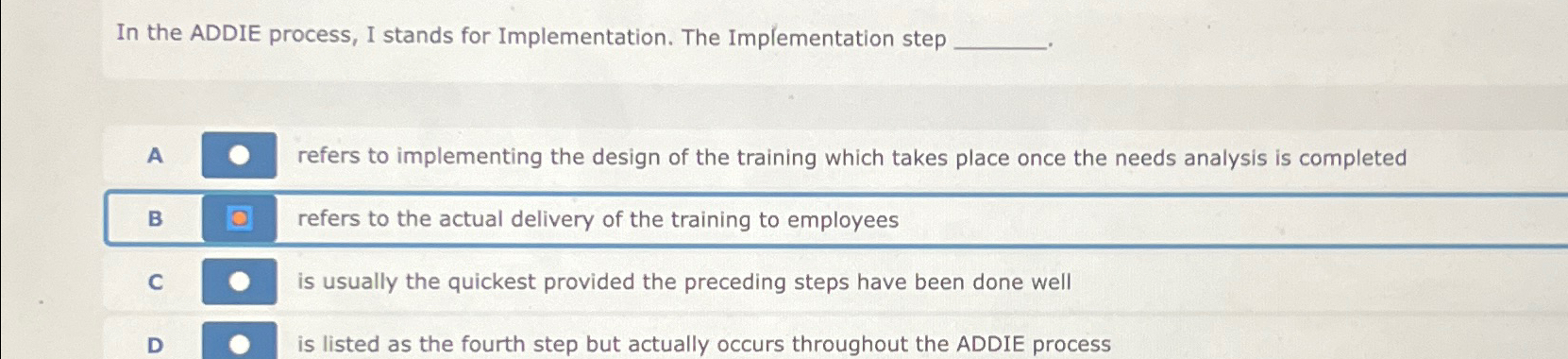 Solved In the ADDIE process, I stands for Implementation. | Chegg.com