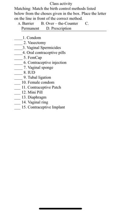 Solved Class activity Matching: Match the birth control | Chegg.com