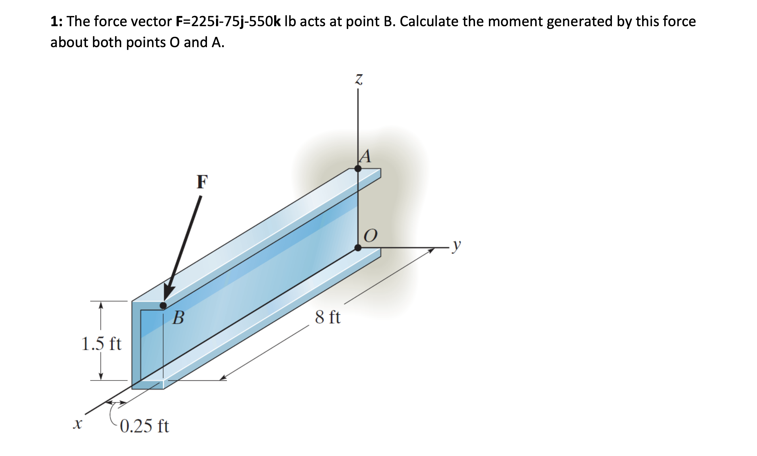 Solved 1: The force vector F=225i-75j-550klb ﻿acts at point | Chegg.com