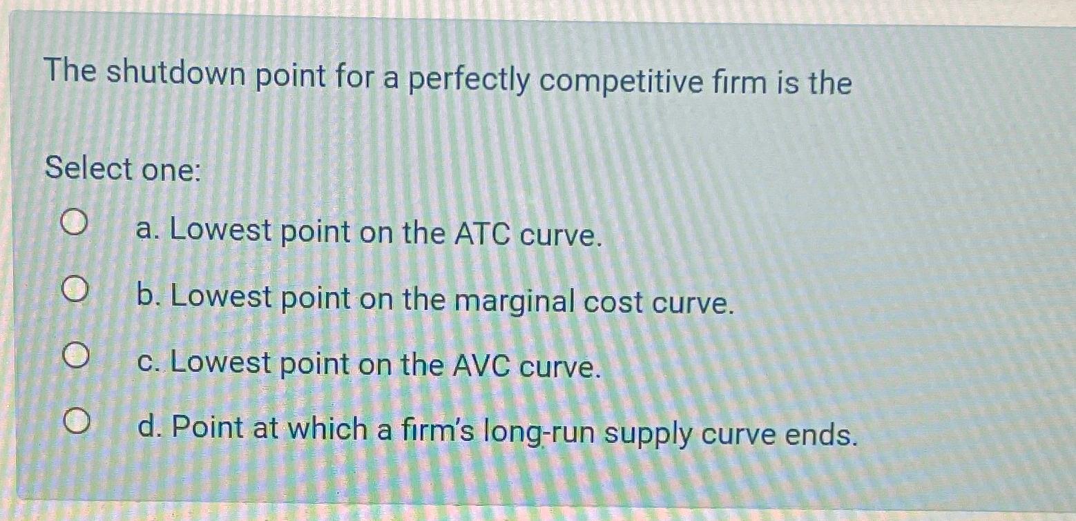 Solved The shutdown point for a perfectly competitive firm | Chegg.com