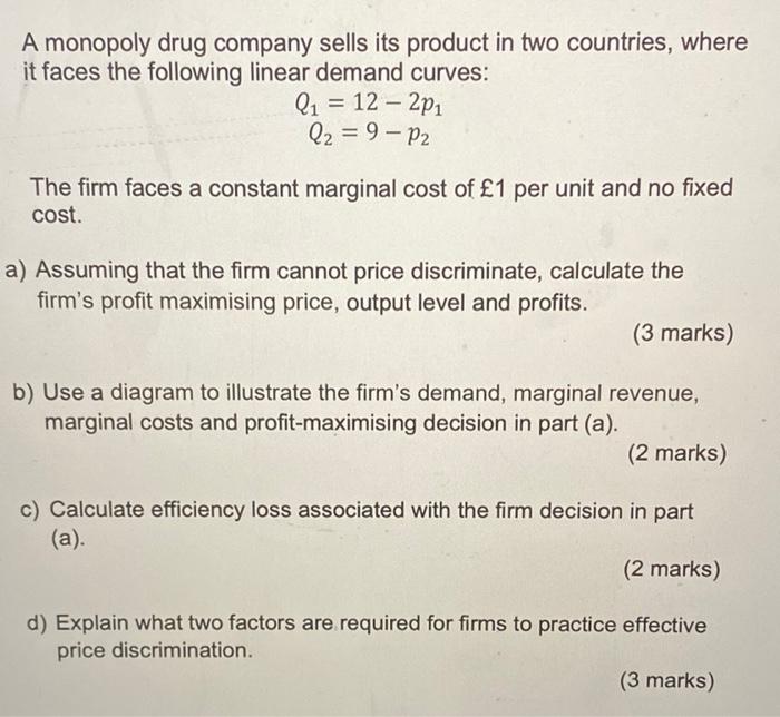 Solved A monopoly drug company sells its product in two | Chegg.com