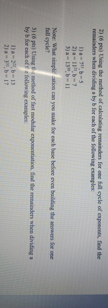 Solved 2) (6 pts) Using the method of calculating remainders | Chegg.com