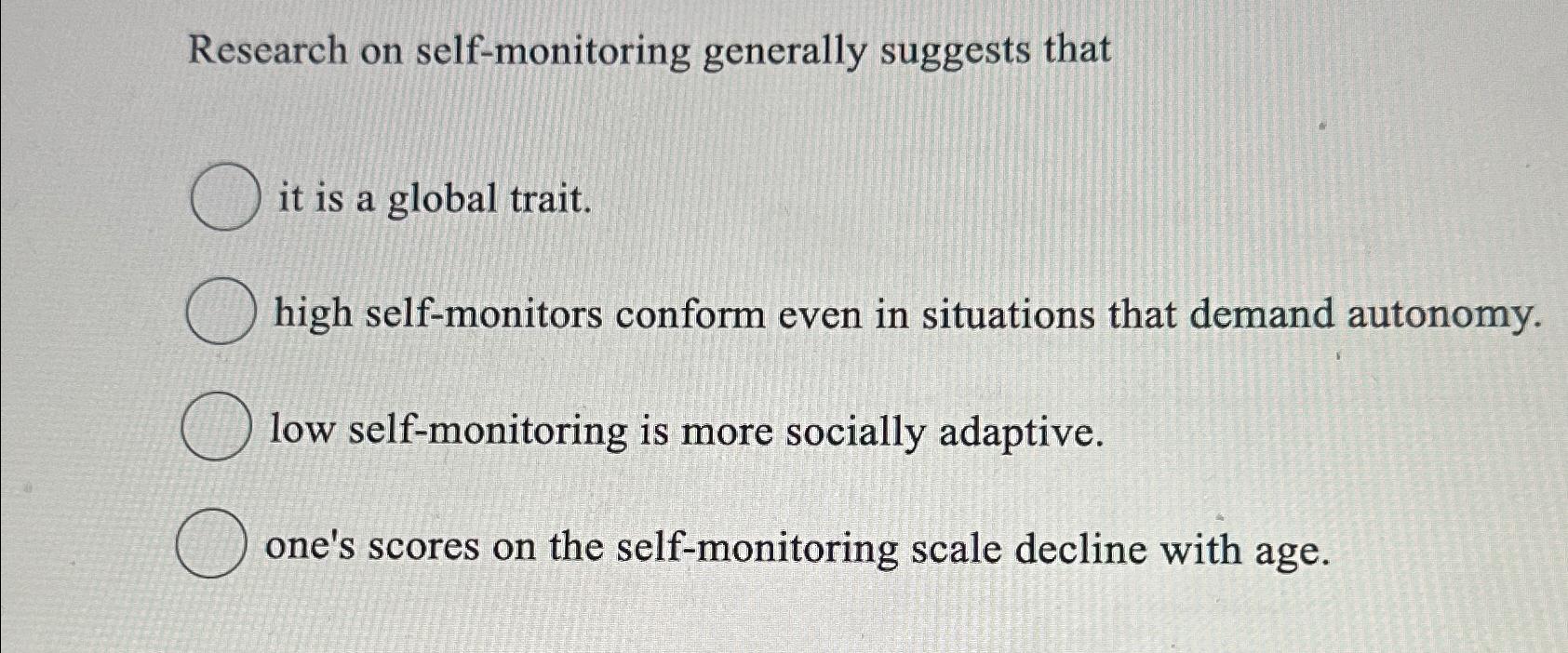Solved Research on self-monitoring generally suggests thatit | Chegg.com