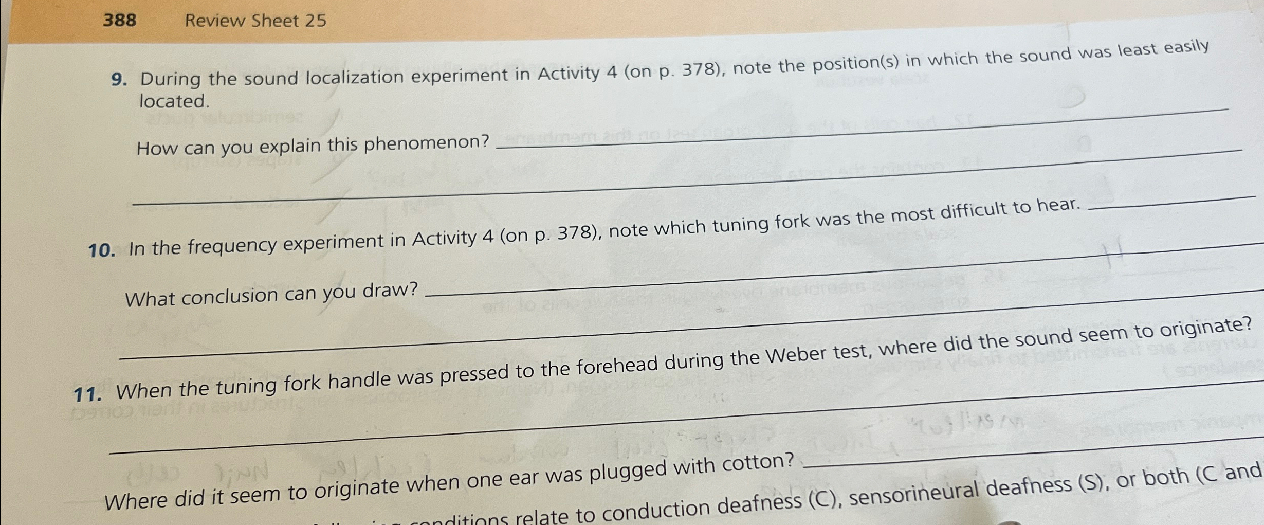 Solved 388Review Sheet 259. ﻿During the sound localization | Chegg.com