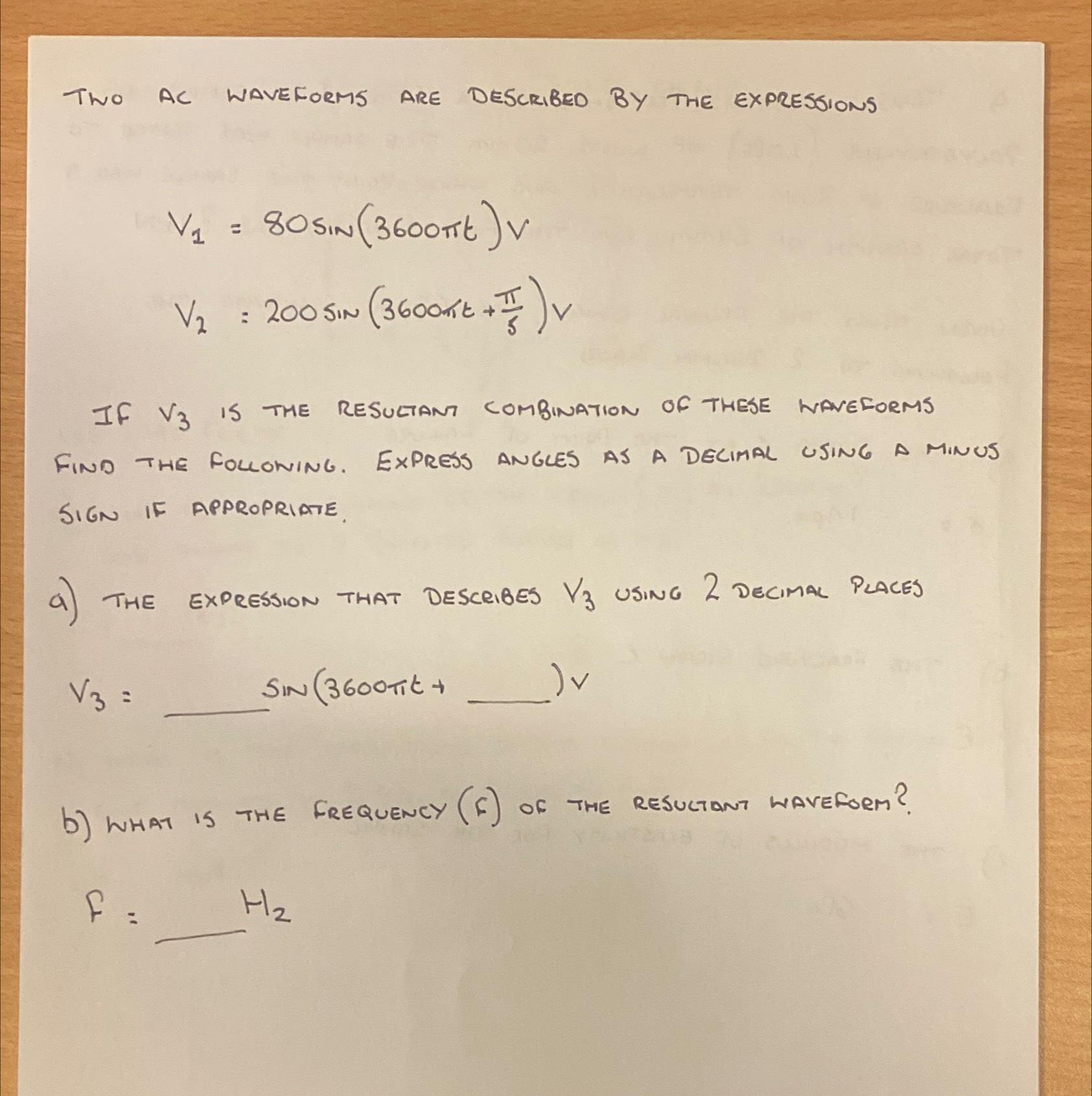 Solved Two AC WAVEForms are Described bY the | Chegg.com