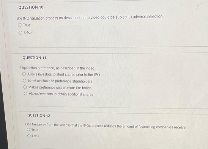 Solved QUESTION 10 The IPO valuation process as described in | Chegg.com