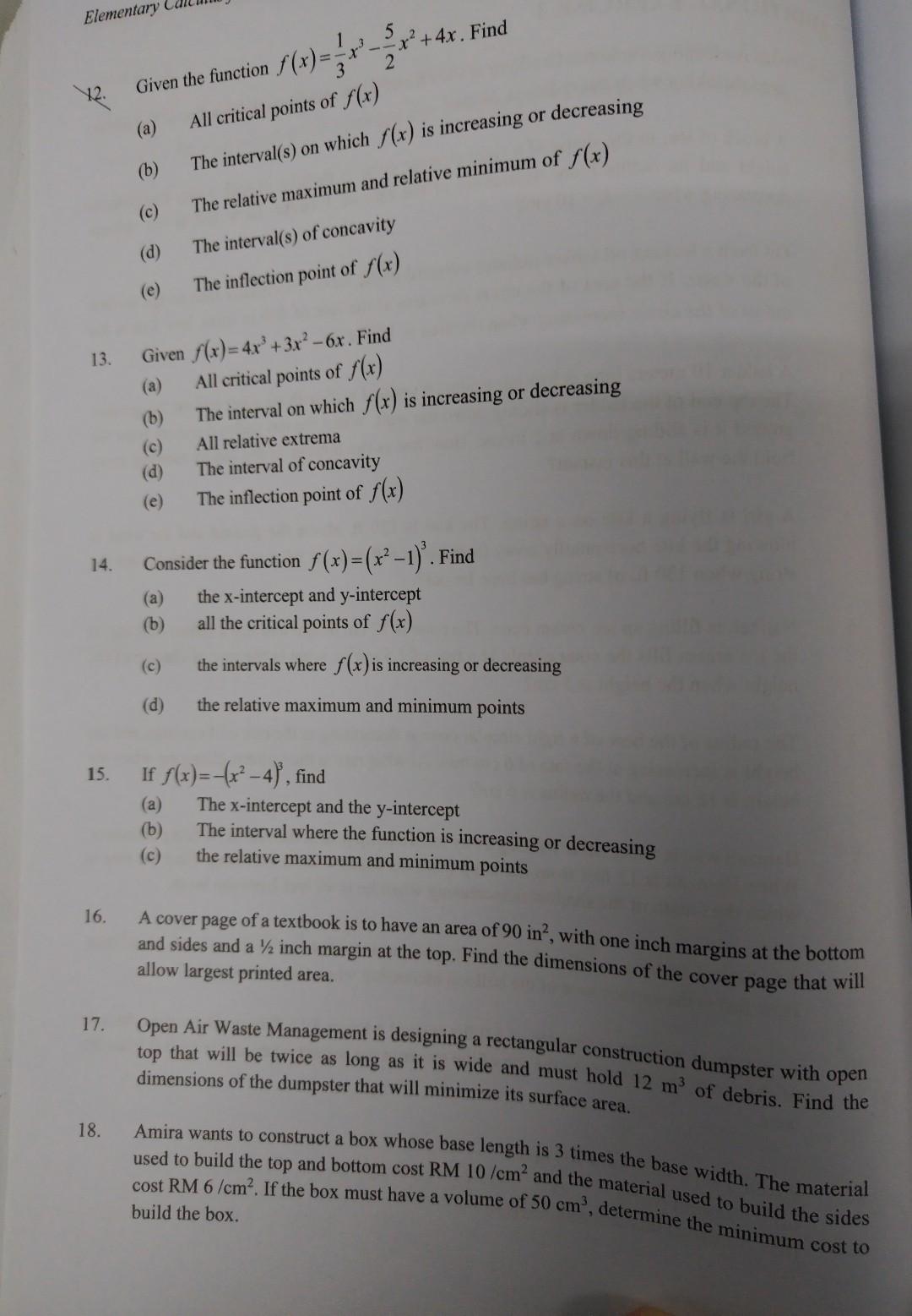 Solved 12. Given the function f(x)=31x3−25x2+4x. Find (a) | Chegg.com