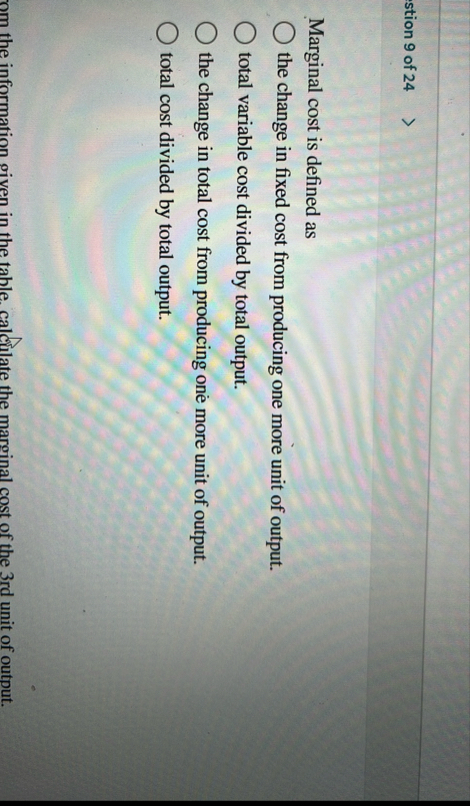 Solved stion 9 ﻿of 24Marginal cost is defined asthe change | Chegg.com