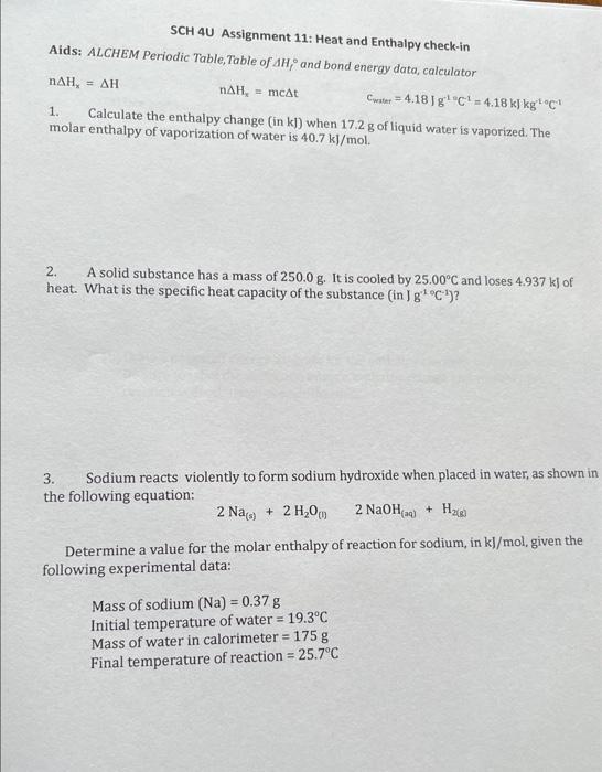 Solved SCH 4U Assignment 11: Heat and Enthalpy check-in | Chegg.com